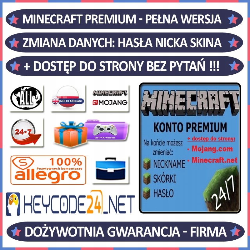 MINECRAFT PREMIUM GIFT-CODE ZMIANA DANYCH PSC 24/7 - 6961872584 ...