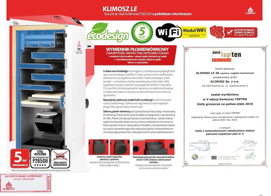 kocioł 5 klasy Klimosz Eko LE 10 ekogroszek pelet - 7377242045 ...
